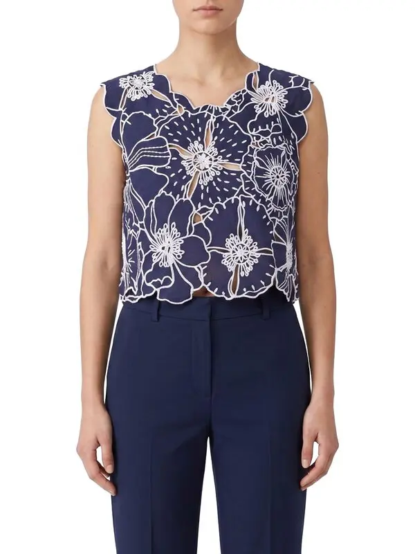 Farm Rio Floral Linen Blend Cropped Top - Blue