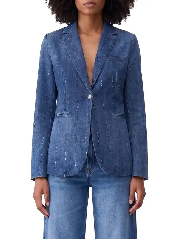 Liu Jo Single-breasted Denim Blazer With Micro Rhinestones - Blue