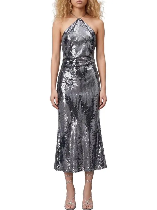 Patrizia Pepe Sequined Halterneck Midi Dress - Grey