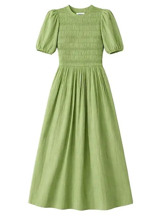 RO&ZO Shirred Bodice Puff-sleeve Cotton-blend Midi Dress - Green