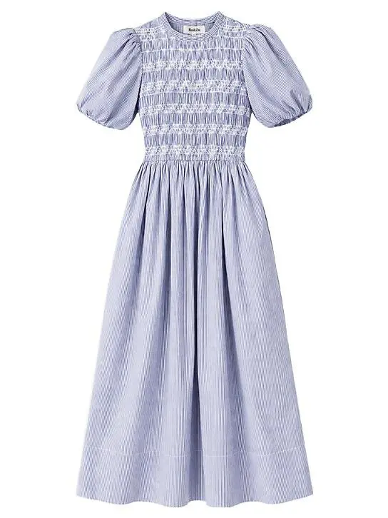RO&ZO Shirred Bodice Striped Woven Midi Dress - Blue