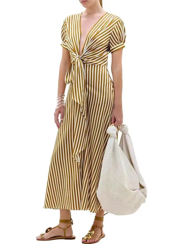 Silvia Tcherassi Striped Tie-front V-neck Dress - Brown