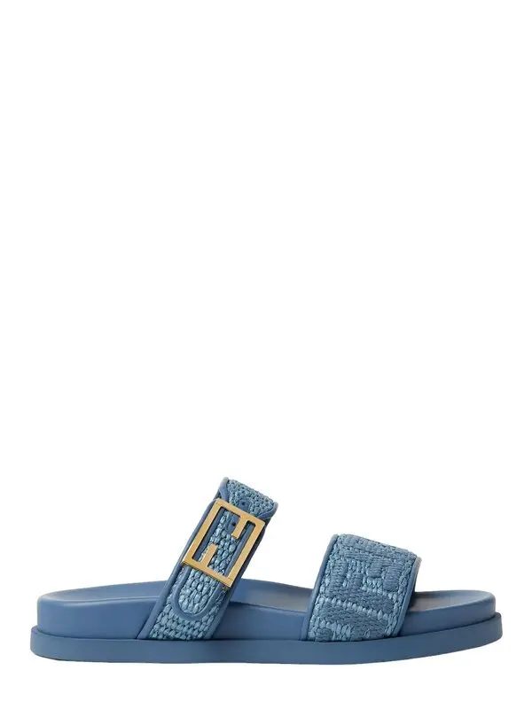 Fendi Ff Baguette Embellished Raffia Slides - Light Blue