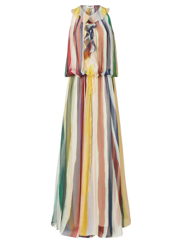 Fendi Silk Crepon Chiffon Dress With Venetian Stripes - Multicolour