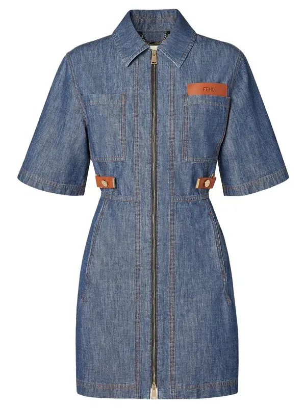 Fendi Cotton Chambray Denim Dress With Leather Patch - Blue