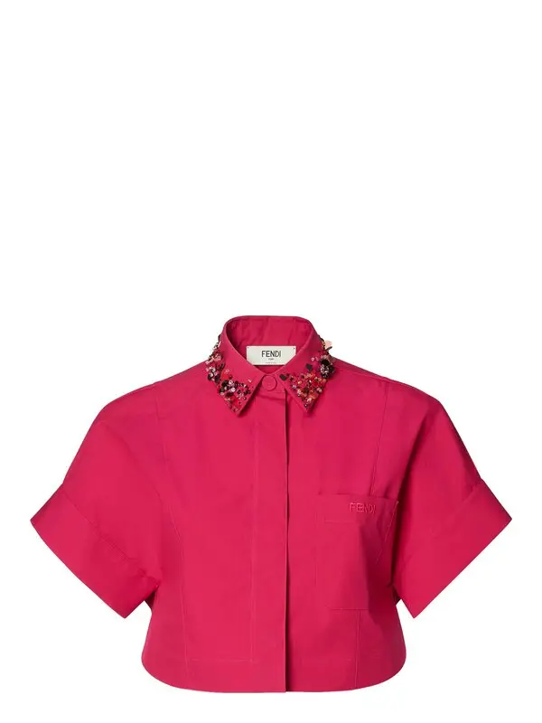Fendi Cropped Cotton Poplin Shirt With Embellished Collar - Red