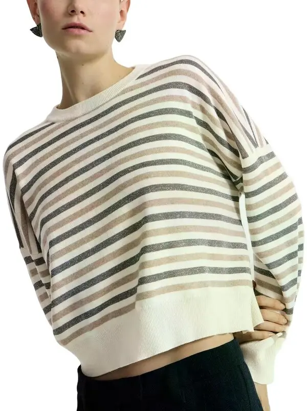 Brunello Cucinelli Virgin Wool, Cashmere, And Silk Sparkling Stripes Sweater - Neutrals