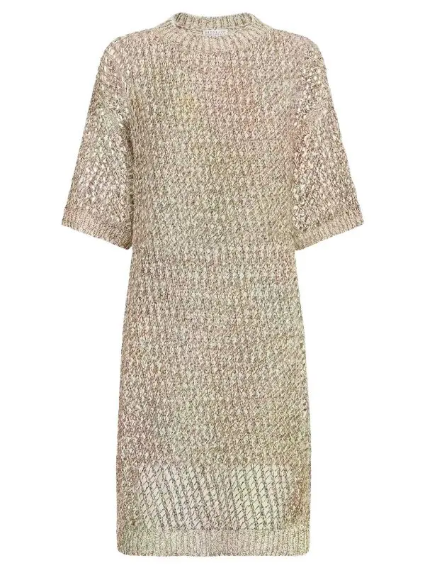 Brunello Cucinelli Dazzling Chiné Net Knit Dress In Silk And Linen - Neutrals