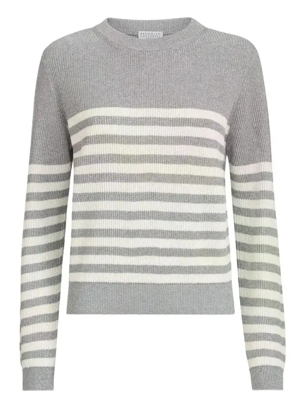 Brunello Cucinelli Striped English Rib Cotton Sweater With Monili - Grey