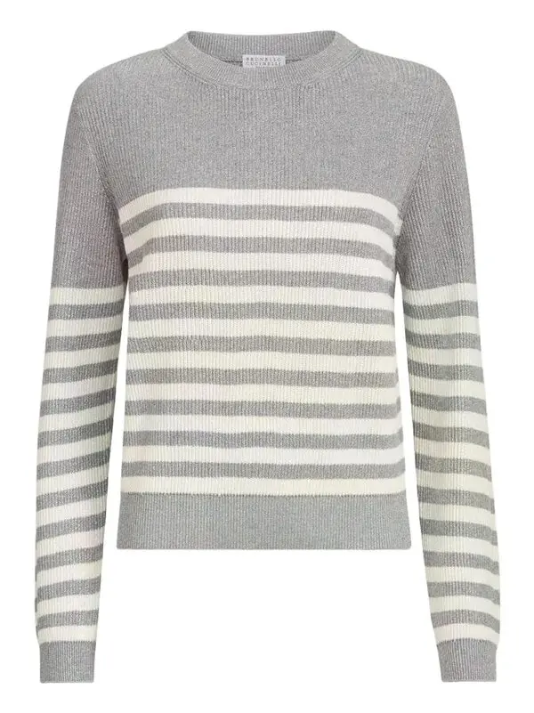 Brunello Cucinelli Striped English Rib Cotton Sweater With Monili - Grey