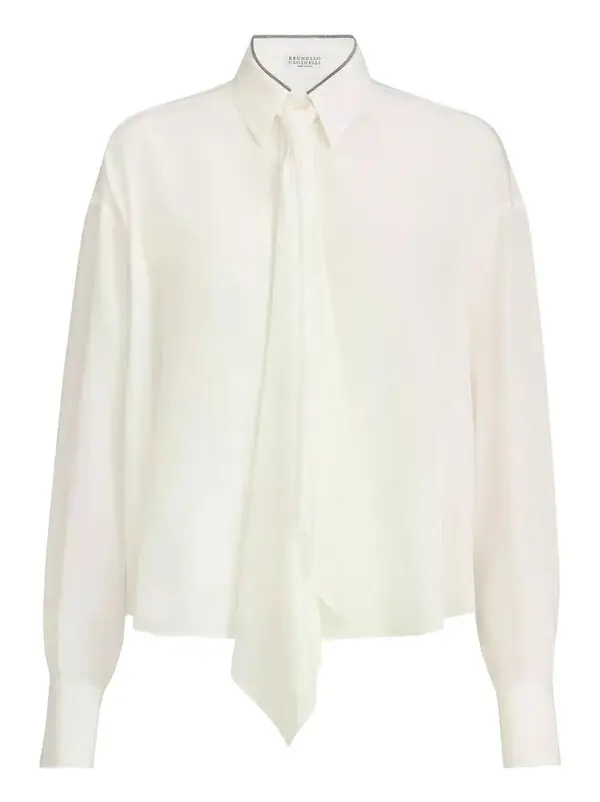 Brunello Cucinelli Silk Crêpe De Chine Shirt With Monili-chain Trim Tie - White