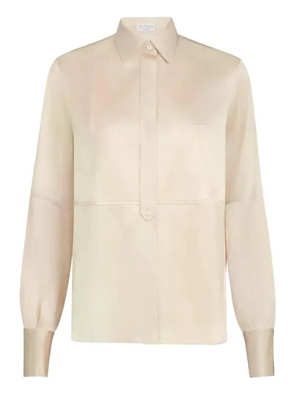 Brunello Cucinelli Stretch Silk Satin Shirt With Monili Decoration - Neutrals