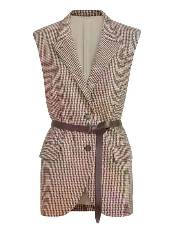 Brunello Cucinelli Sparkling Virgin-wool Houndstooth Vest With Leather Inserts And Monili - Neutrals