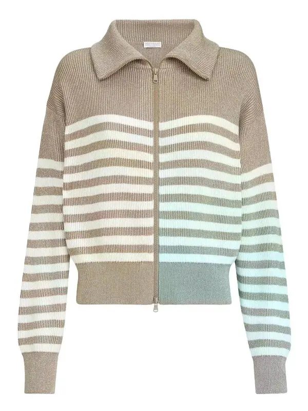 Brunello Cucinelli Sparkling Cotton Striped English Rib Cardigan With Zipper And Monili - Neutrals