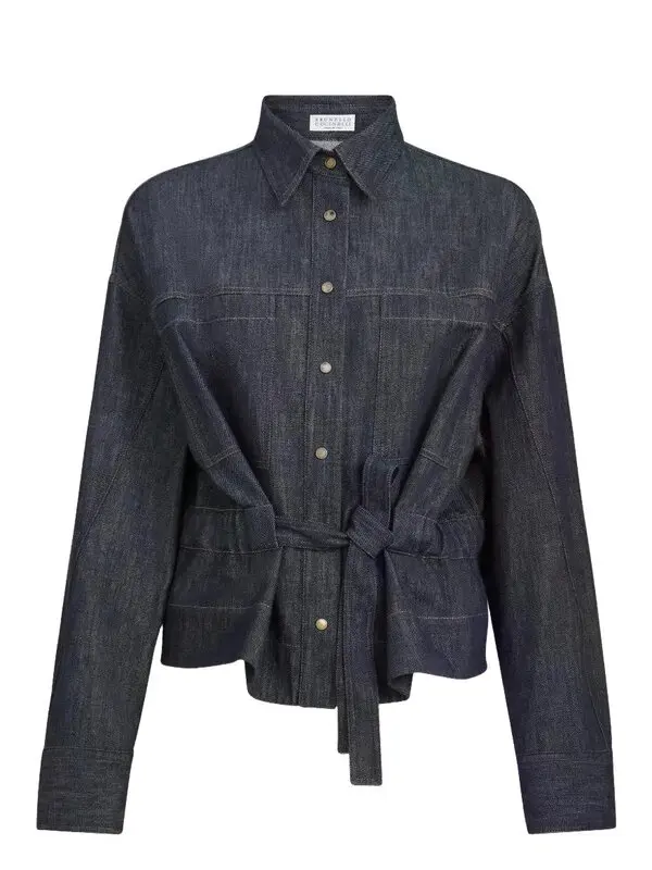 Brunello Cucinelli Cotton Denim-effect Twill Cropped Shirt With Tie Belt - Blue