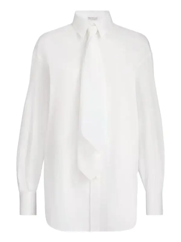 Brunello Cucinelli Stretch Cotton Poplin Shirt With Tie And Monili - White
