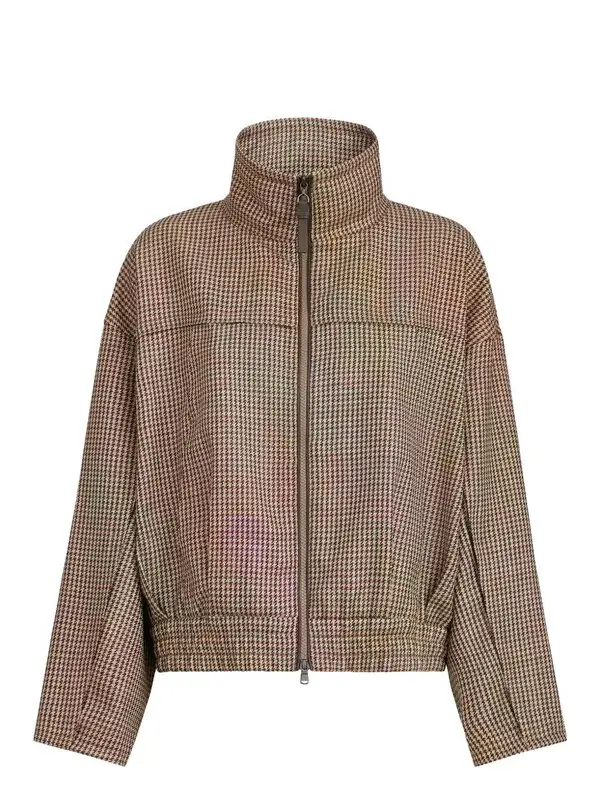 Brunello Cucinelli Virgin Wool Houndstooth Jacket With Leather Piping - Brown