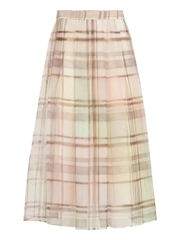 Brunello Cucinelli Silk Organza Macrocheck Pleated Skirt - Neutrals
