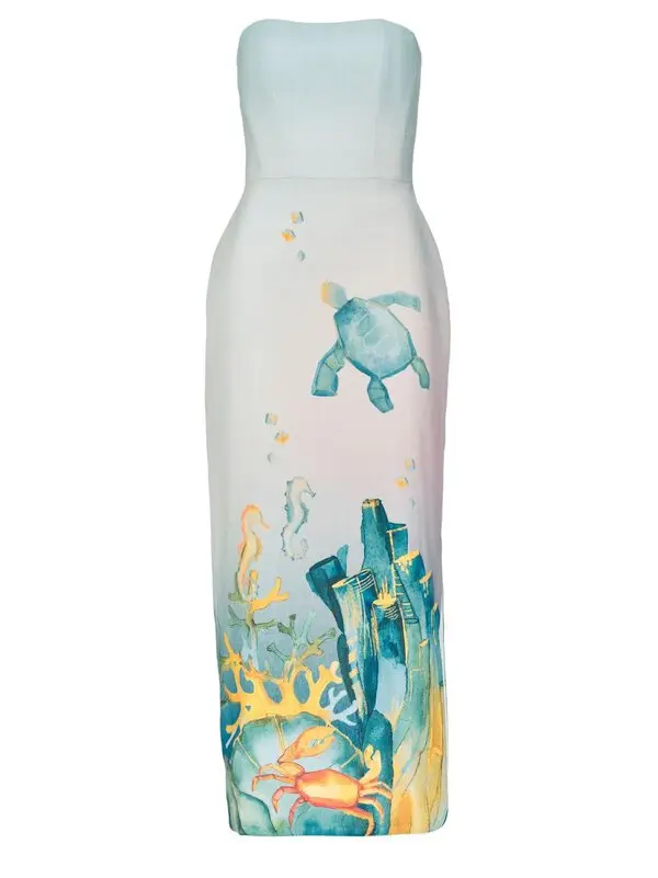 JUSTIN TONG Nerida Strapless Linen Midi Dress With Watercolour Print - Blue