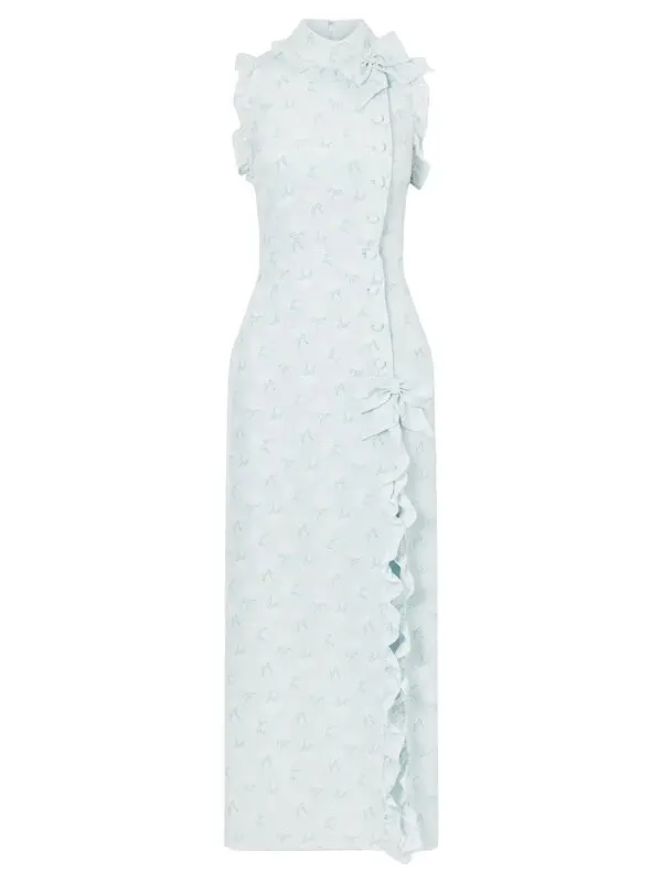 Alessandra Rich Printed Silk High Neck Midi Dress - Blue
