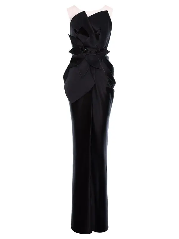 ACOB À PORTER Victoria Satin Maxi Dress With Oversized Flower Applique - Black