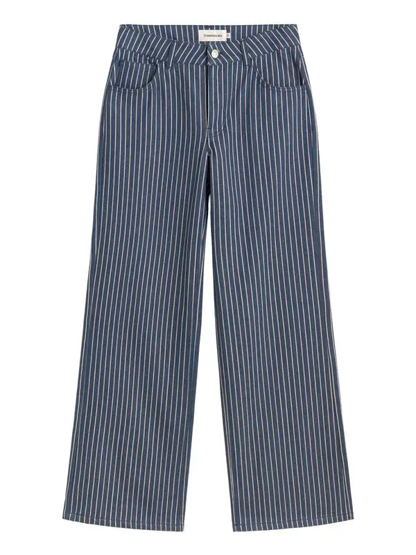 THINKING MU Low Rise Natural Dyed Stripe Straight Leg Denim Pants - Blue