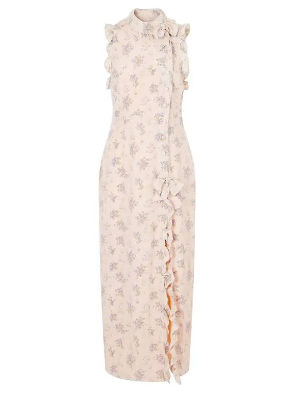 Alessandra Rich Floral-print Silk Midi Dress With Ruffles - Pink
