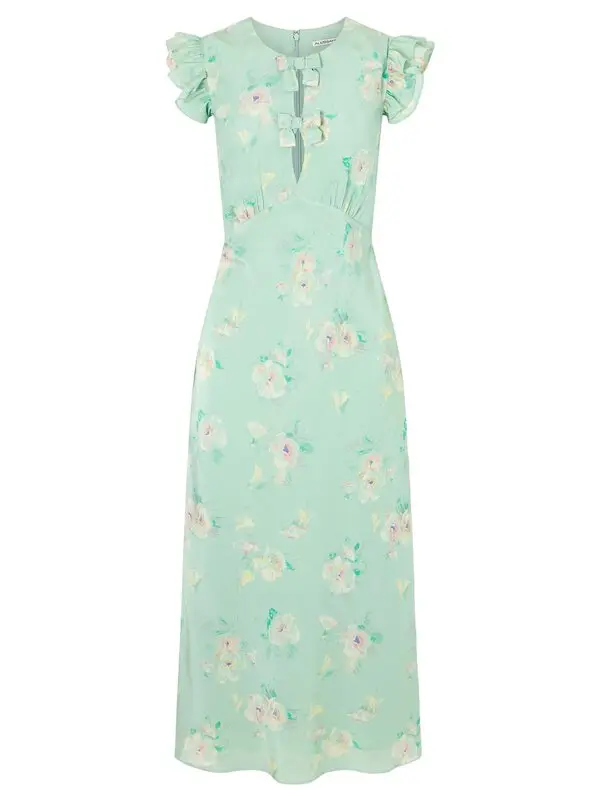 Alessandra Rich Floral-print Silk Midi Dress With Ruffle Trim - Green