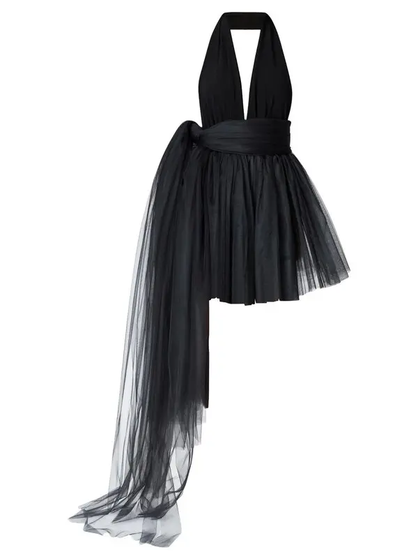 LIA ARAM Halterneck Tulle Mini Dress With Oversized Scarf - Black
