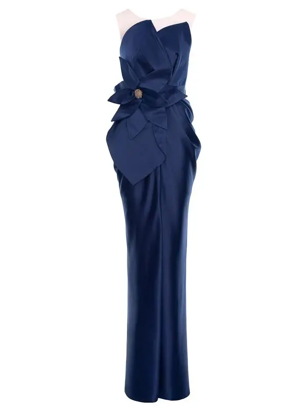 ACOB À PORTER Satin Maxi Dress With Oversized Flower Appliqu - Blue