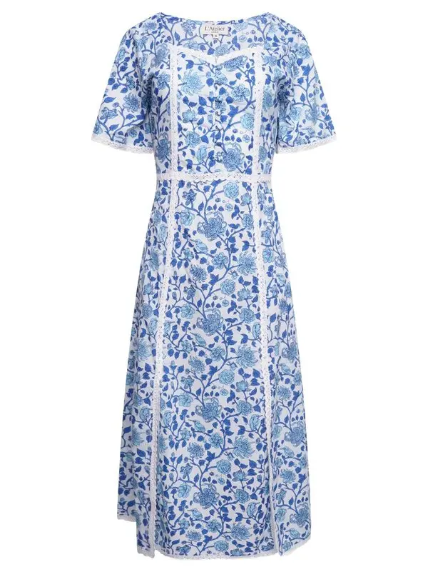LATELIER LONDON L'atelier London Serafina Floral Cotton Midi Dress With Lace Trim And Bell Sleeves - Blue