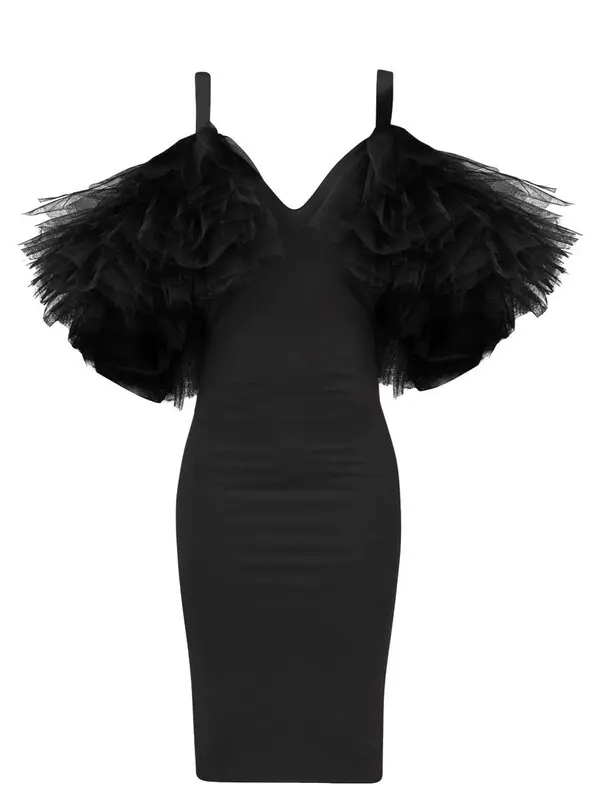 LIA ARAM Tulle-trimmed Midi Dress With Straps - Black