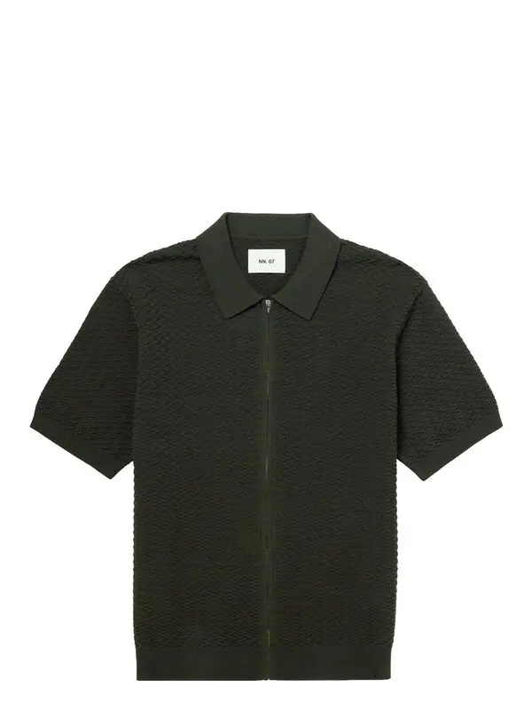 Nn07 Gustav 600160 Textured Organic Cotton Zip-up Polo Shirt - Green