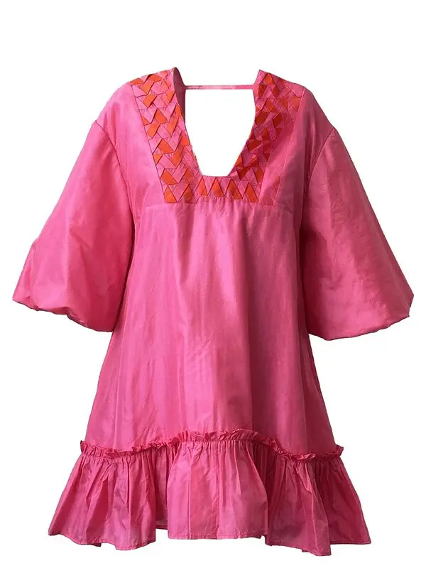 SR BY SONALI RAMAN Silk Dress With Chevron Detailing And Frill Hem - Pink