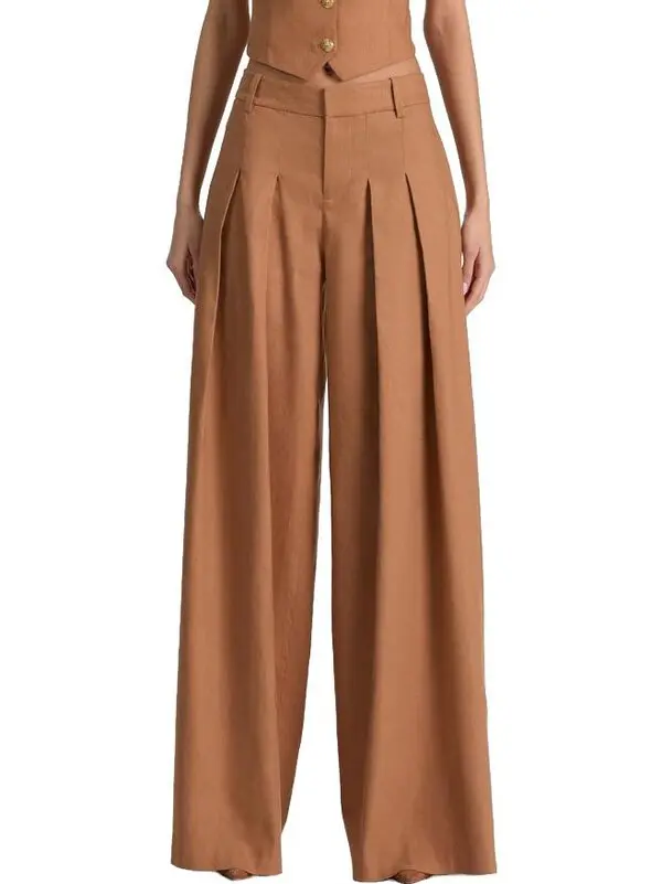 Alice + Olivia Blaire Pleated Linen Wide Leg Trouser - Brown