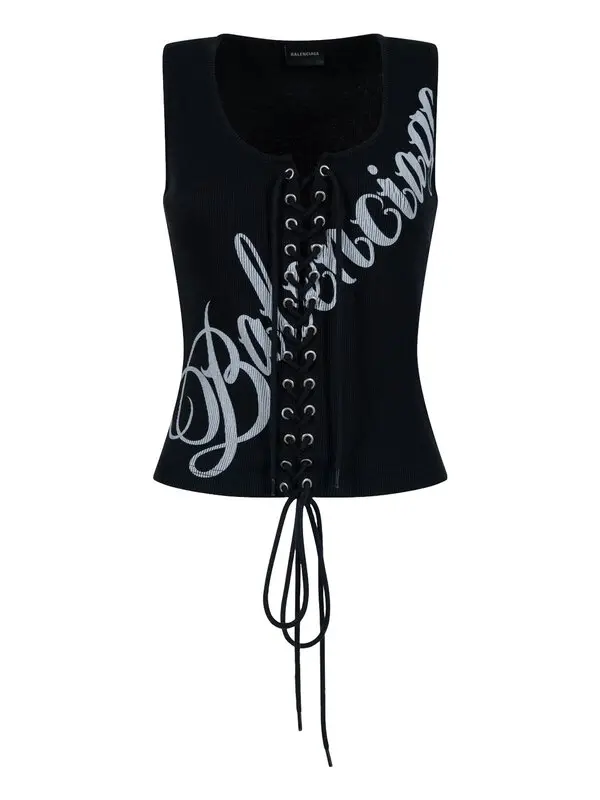 Balenciaga Ribbed Lace-up Tank Top - Black