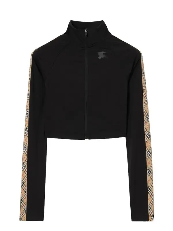 Burberry Stretch Nylon Cropped Track Jacket With Check Taping - Black
