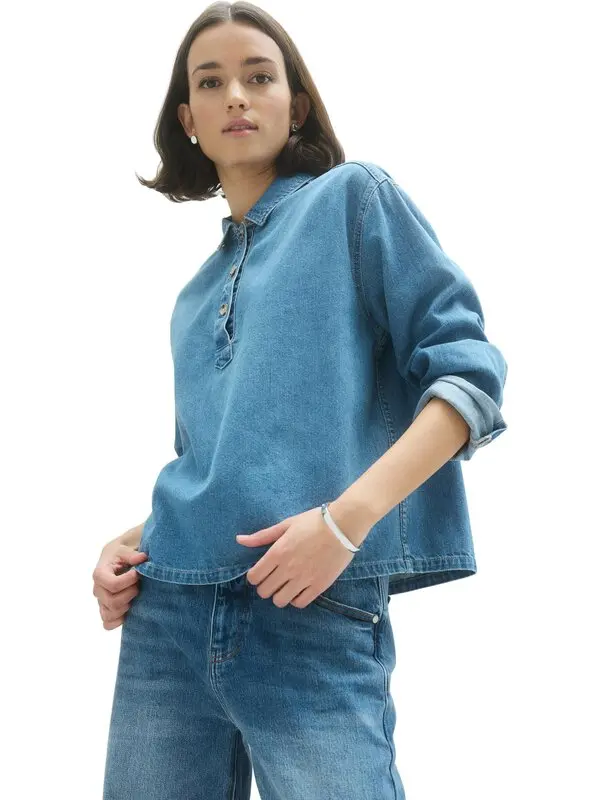 Quince Distressed Denim Popover Shirt - Medium Indigo