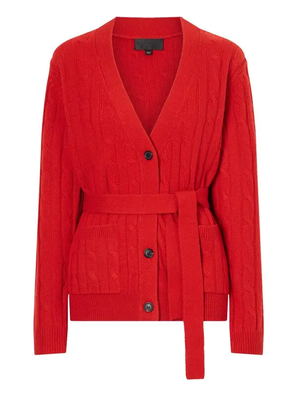 NILI LOTAN Tirza Belted Cable-knit Cashmere Cardigan - Red
