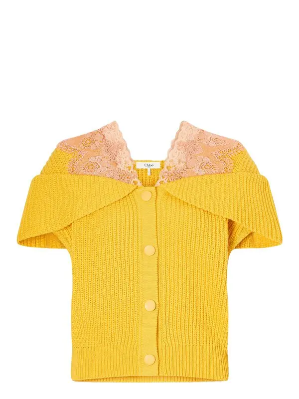 Chloé Ribbed-knit Cotton Cardigan With Lace Trim - Yellow