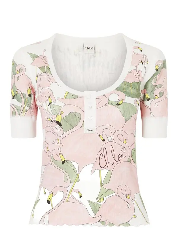 Chloé Printed Ribbed Cotton-jersey T-shirt With Flamingo Motif - Pink