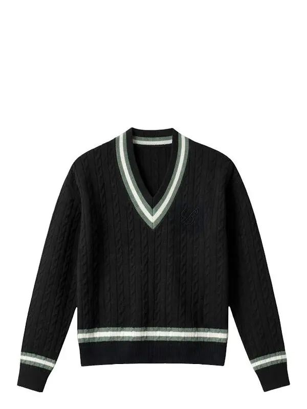 BLVCK Knit V-neck Sweater With Striped Trim - Black