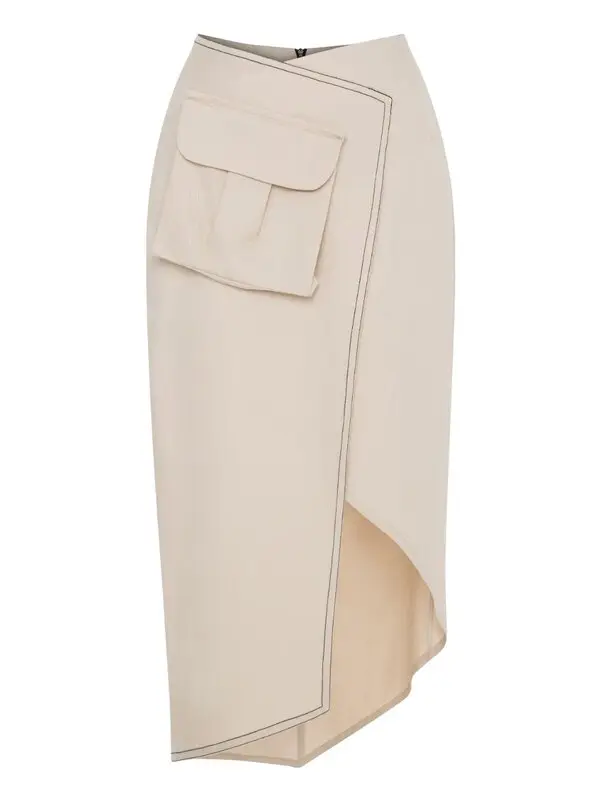 MIRIMALIST Wrap Pencil Midi Skirt With Contrast Stitching And Cargo Pocket - Beige
