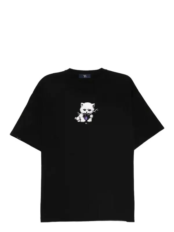Y’s Cat Print Short Sleeve T-shirt - Black