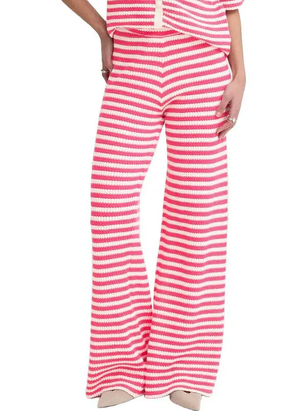 ICHI Wide Leg Knit Pants With Stripes - Azalea Birch Stripe