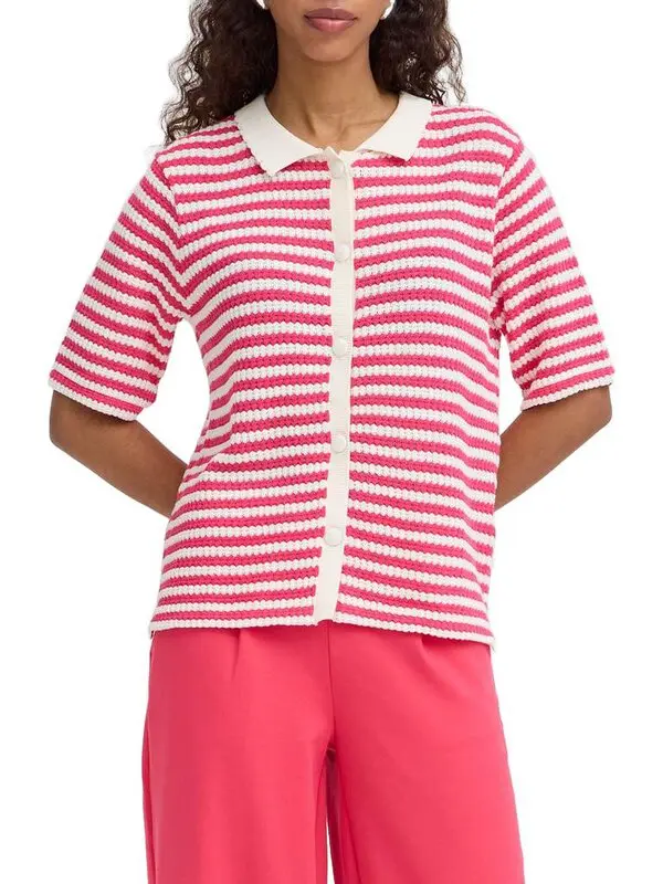 ICHI Striped Knit Shirt With Spread Collar - Azalea Birch Stripe