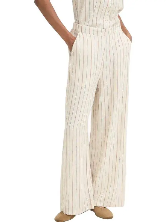 ICHI Wide Leg Striped Linen Blend Trousers - Brown Stripe