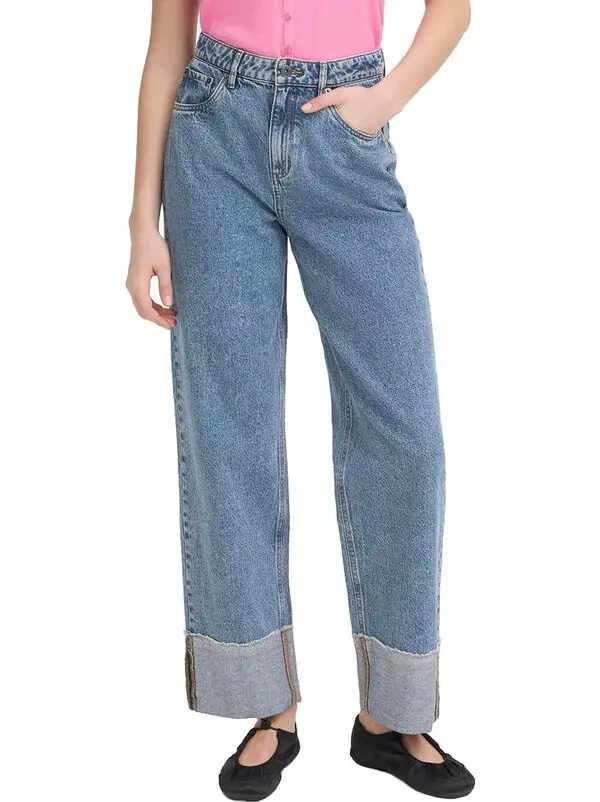 ICHI Foldover Cuff Wide Leg Jeans - Washed Med Blue