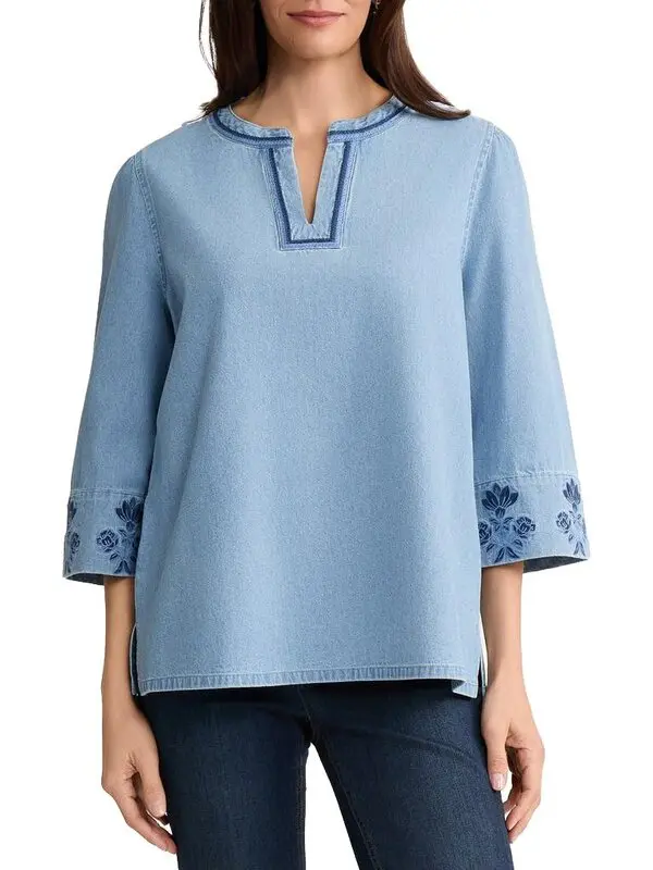 Jones New York Embroidered Cotton Chambray Top - Pisces Wash