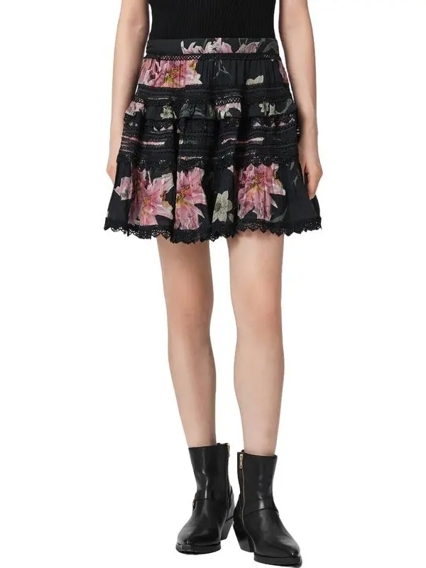 ALLSAINTS Zora Floral Lace Detail Mini Skirt - Crystal Black